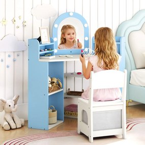 Costway Rohový dětský toaletní stolek se zrcadlem a osvětlením Princezna s židlí
