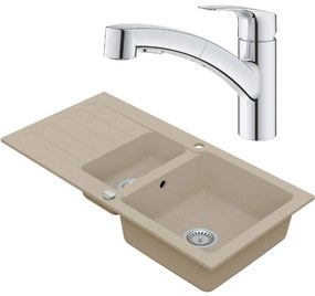 VIMA Dřezový set Grohe 6/A- Granitový dřez, 1,5 sektoru, 96x48cm, Písková + Dřezová baterie Grohe Eurosmart