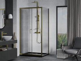 Mexen Apia sprchový kout s posuvnými dveřmi 120 (dveře) x 80 (stěna) cm, 5mm čiré sklo, zlatý profil + černá sprchová vanička SLIM, 840-120-080-50-00-4070G