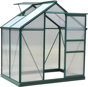 Outsunny Polykarbonátový Zeleninový Skleník 2,51 m² Hliníkový Skleník 190 x 132 x 201 cm UV-odolný, se Zpevněným Základem, Okapem, Střešním Okénkem a…