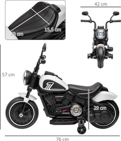 Dětská motorka HOMCOM - Elektrická motorka pro děti s 2 odnímatelnými tréninkovými koly, 3 km/h, pro děti od 1,5 do 3 let, Bílá, 76 x 42 x 57 cm