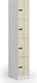Šatní skříňka S1 s úložnými boxy, 4 boxy, 1850 x 300 x 500 mm, mechanický kódový zámek, laminované dveře, dub přírodní