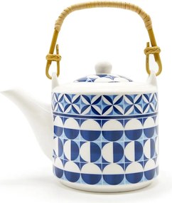 Porcelánová čajová souprava Geometric blue, konvice 0,6 l – s bambusovým držadlem, se 2 šálky, s nerezovým sítkem