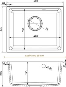Sink Quality Crypton 55, kuchyňský granitový dřez 460x375x205 mm + zlatý sifon, černá, SKQ-CRY.C.1KBO.55.XG