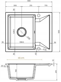 Sink Quality Obsidian, kuchyňský granitový dřez 590x500x210 mm + chromový sifon, černá, SKQ-OBS.C.1KKO.X