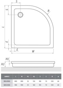 ROTH HAWAII sprchová vanička 900x900x160mm R550 akrylátová, čtvrtkruhová, bílá, 8000026