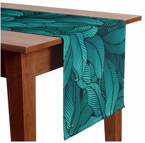 Běhoun na stůl Listnatá hustota - grafický rostlinný vzor v odstínech mořské zeleně na sametovém pozadí