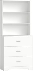 HOMCOM Knihovna, vysoká skříň s vitrínou se 3 zásuvkami, 3 otevřenými policemi, do obývacího pokoje a kuchyně, 79x39,5x180 cm, bílá