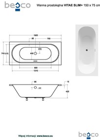 BESCO Obdélníková vana VITAE SLIM+ Barva sifonu - Chrom, Nožičky k vaně - Bez nožiček, Rozměr vany - 150 × 75 cm - VANVIT15SLIMPLU