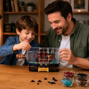 LEAN Toys Stavebnicové kostky – Loď v láhvi, dekorativní plachetnice, hnědá, 885 dílů