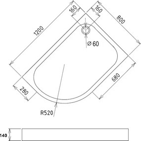 LOR 120x80 Pravá Sprchová vanička asymetrická, akrylát