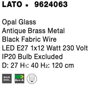 Nova Luce Závěsné svítidlo LATO opálové sklo antický mosazný kov černý kabel E27 1x12W