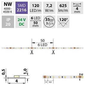 LED pásek McLED 24V neutrální bílá š=4mm IP20 7,2W/m 120LED/m SMD2216 ML-126.731.60.0