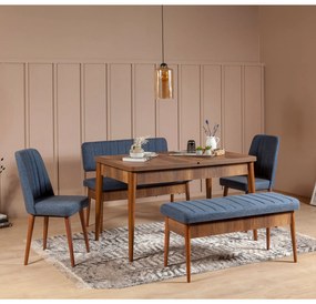 Rozkládací jídelní stůl se 2 židlemi a 2 lavicemi Vlasta (ořech + tmavě modrá). 1072191