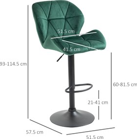 HOMCOM Sada 2 barových židlí, výškově nastavitelná s kovovým podstavcem a sametovým sedákem, moderní židle s opěradlem a opěrkou nohou, 46x48x83-104c…