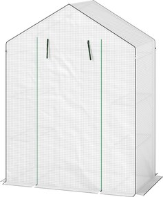Outsunny Skleník s policemi, miniskleník, odolný proti UV záření, síťované okno, dveře na zip, 143L x 74W x 190H cm, bílý