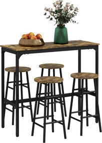 HOMCOM Obdélníkový stůl se 4 židlemi a 4 podnožkami z MDF a oceli, podnožky Ø30x60 cm a obdélníkový stůl 105x40x90 cm, černý a rustikální hnědý | Aoso