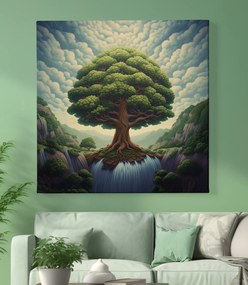 Obraz na plátně - Košatý strom života s vodopádem FeelHappy.cz Velikost obrazu: 120 x 120 cm
