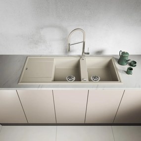 Laveo Megalo, 2-komorový granitový dřez 1160x500x185 mm s dlouhým odkapávačem, béžová, LAV-SBE_421T