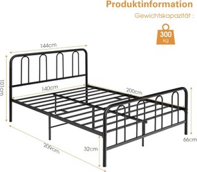 Costway Kovový rám postele s čelem a stupačkou na platformě – 209 × 144 × 101 cm