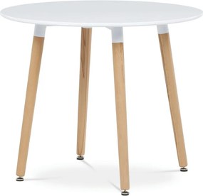 Stůl jídelní, kovová kostrukce, dřevěné nohy, MDF – bílý matný lak (90 x 90) cm