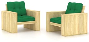 Zahradní židle 2 ks + zelené podušky impregnovaná borovice,  3065794