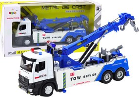 LEAN Toys Nákladní auto s jeřábem, dvěma háky, kovové, bílo-modré, světla a zvuky