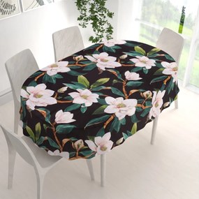 Biante Bavlněný oválný ubrus Sandra SA-300 Květy magnolie na černém 120x140 cm