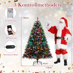 Costway 180 cm Umělý vánoční stromeček s 370 vícebarevnými RGB světly řízenými