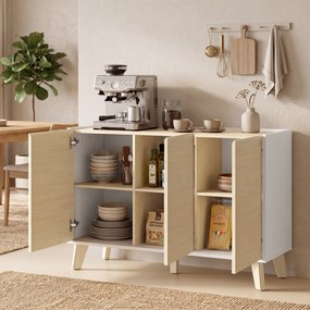 HOMCOM kuchyňské buffet, severský úložný nábytek, 3 dveře se soft-close, 6 přihrádek, přírodní vzhled dřeva a bílá