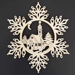 AMADEA Dřevěná ozdoba vločka s kostelem 9 cm