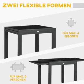 Rozkládací zahradní stůl Outsunny z hliníku s obdélníkovým tvarem a tvrzeným sklem pro 4-6 osob, nosnost 50 kg, rozměry 80-160x80x75 cm, černý