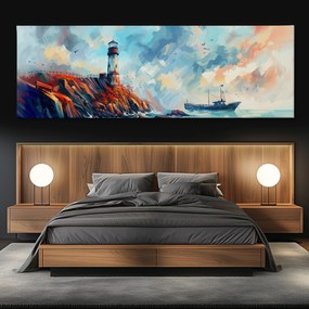 Obraz na plátně - Starý maják a rybářský člun FeelHappy.cz Velikost obrazu: 120 x 40 cm