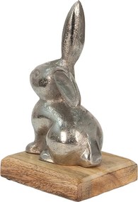 Dekorace stříbrný kovový králík na dřevěném podstavci - 11*10*20 cm