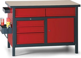 Dílenský pracovní stůl GD, 5 zásuvek, smrk + oboustranně dýhovaná smrková překližka, 5 zásuvek, 1 skříňka, 1190 x 600 x 850 mm, grafit / červená