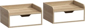 HOMCOM 2dílný set nástěnných nočních stolků, noční stolky se zásuvkou a poličkou s vyšším okrajem, 40x30x19,5 cm, přírodní dřevo
