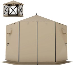 Outsunny hexagonální altán 3,0 x 2,6 m s podložkou, síťovými bočními panely a přepravní taškou — voděodolný, odolný proti UV, khaki | Aosom