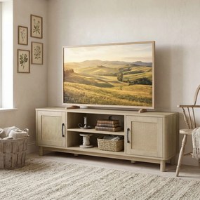 HOMCOM TV nábytek 135 cm, TV nábytek pro televize až do 165,1 cm s 2 ratanovými dveřmi, 2 otevřenými přihrádkami, dub