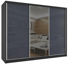 Šatní skříň 232 cm Belini černý mat / šedý lesk s posuvnými dveřmi a zrcadlem  BM SZP4/2/B/WI/2S1L/HI