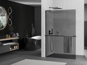 Mexen Kioto+ L, sprchová zástěna Walk-In s poličkou a věšákem 110 x 200 cm, 8mm šedé sklo, černý profil, 800-110-123-70-40