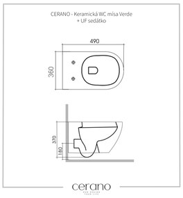 CERANO - Závěsná WC mísa Verde, Rimless + UF sedátko - černá matná - 36x49 cm