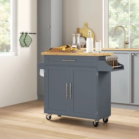 HOMCOM Víceúčelový Kuchyňský Vozík s Šuplíkem, Kolíky, Regálem na Koření, Skříňkou a Horní Deskou z Gumového Dřeva, 109x40x89 cm, Šedý