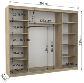 Šatní skříň s posuvnými dveřmi Baltimore - 250 cm Barva: Bílá/dub Sonoma