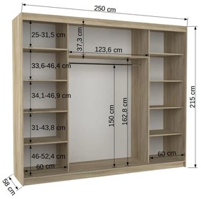 Šatní skříň s posuvnými dveřmi Baltimore - 250 cm Barva: dub Sonoma