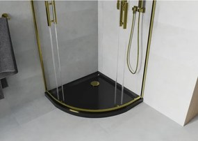 Mexen Rio, čtvrtkruhový sprchový kout s posuvnými dveřmi 90 (dveře) x 90 (dveře) x 190 cm, 5mm čiré sklo, zlatý profil + černá sprchová vanička SLIM, 863-090-090-50-00-4170G