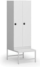 Šatní skříňka S1 s lavičkou, 2 oddíly, 1875 x 600 x 500/800 mm, RFID zámek, laminované dveře, bílá