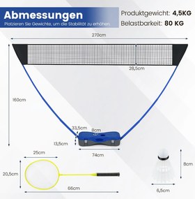 Costway Badminton Net Stand Přenosná hra s raketami Kompletní – černý