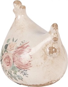 Béžová antik keramická slepička s květy Protea Eucalypt - 12*11*13 cm