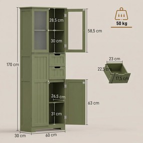 HOMCOM vysoký úložný nábytek, skříň s prosklenými dveřmi a nastavitelnými policemi pro koupelnu, kuchyň, obývací pokoj, zelená