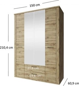Skříň čtyřdveřová se zrcadlem a 2 zásuvkami Doorset Dub navarra